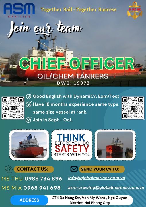 SƠ TUYỂN NHÂN LỰC HÀNG HẢI : THUYỀN PHÓ 1 (CH/OFF) – TÀU OIL&CHEMICAL ...