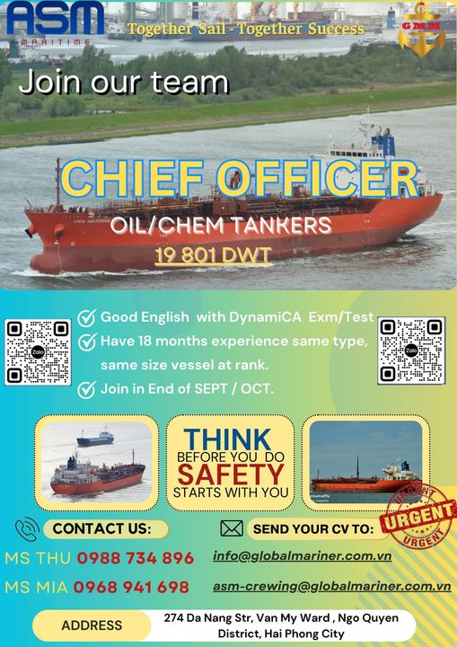 SƠ TUYỂN NHÂN LỰC HÀNG HẢI : THUYỀN PHÓ 1 (CH/OFF) – TÀU OIL&CHEMICAL ...