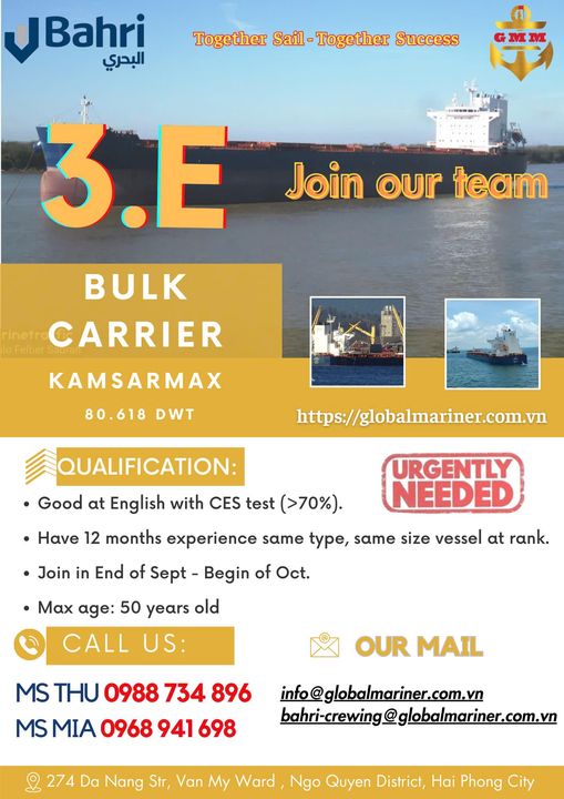 SƠ TUYỂN NHÂN LỰC HÀNG HẢI : SỸ QUAN MÁY 3 (3/ENG) – TÀU HÀNG RỜI ...