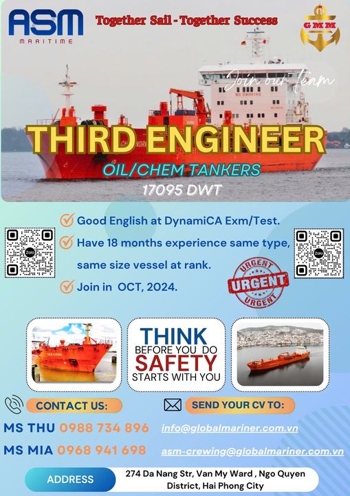 SƠ TUYỂN NHÂN LỰC HÀNG HẢI : SỸ QUAN MÁY 3 (3/ENG-2.AE) – TÀU OIL ...