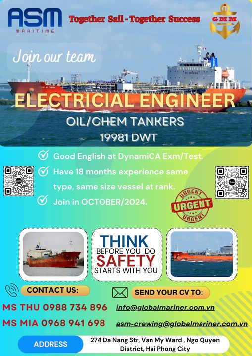 SƠ TUYỂN NHÂN LỰC HÀNG HẢI : SỸ QUAN ĐIỆN (E/E-ETO) – TÀU OIL&CHEMICAL ...