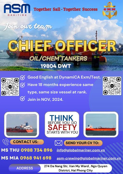 SƠ TUYỂN NHÂN LỰC HÀNG HẢI : THUYỀN PHÓ 1 (CH/OFF) – TÀU OIL&CHEMICAL ...