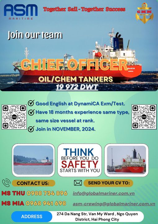 SƠ TUYỂN NHÂN LỰC HÀNG HẢI : THUYỀN PHÓ 1 (CH/OFF) – TÀU OIL&CHEMICAL ...